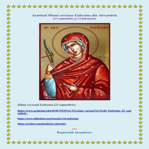 Acatistul Sfintei cuvioase Eufrosina din Alexandria (25 septembrie şi ...