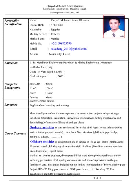Cv of qaqc, inspection engineer, welding, painting & coating inspector ...