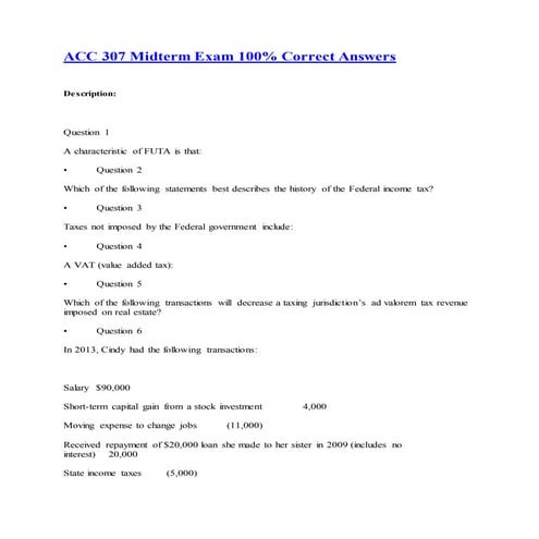 Acc 307 midterm exam 100% correct answers | DOCX