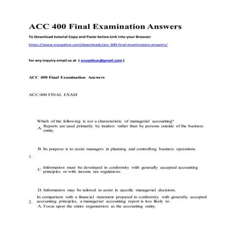 Acc 400 final examination answers | DOCX
