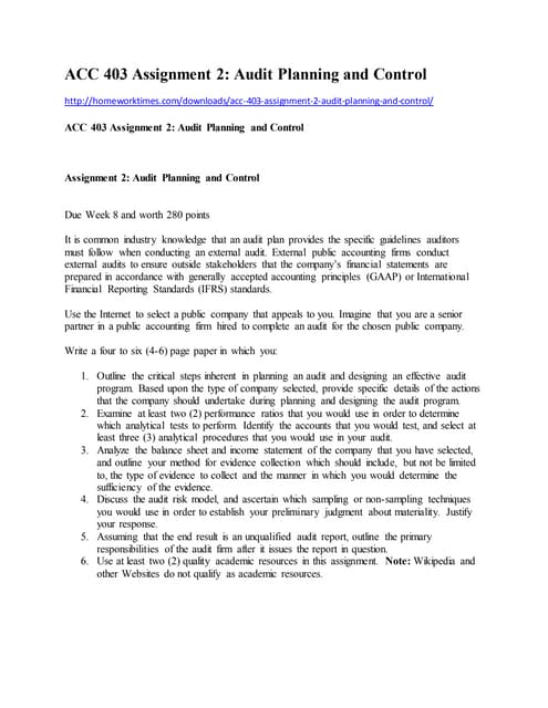 Acc 403 assignment 2 audit planning and control | DOCX