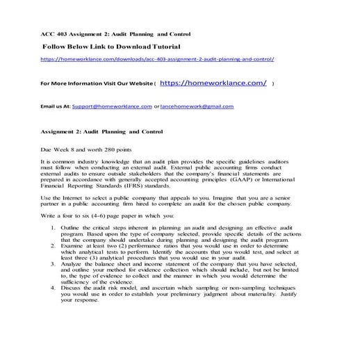 Acc 403 assignment 2 audit planning and control | DOCX