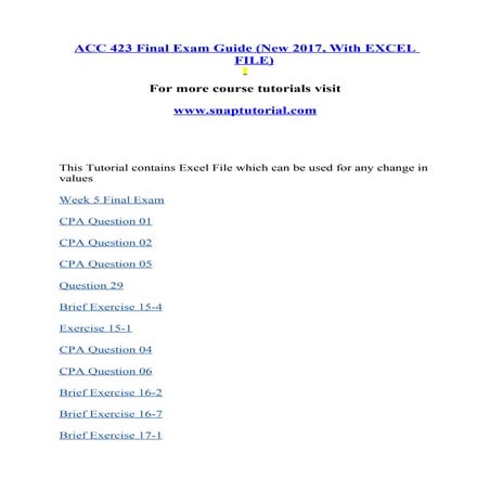 ACC 423 Final Exam Guide/snaptutorial.com