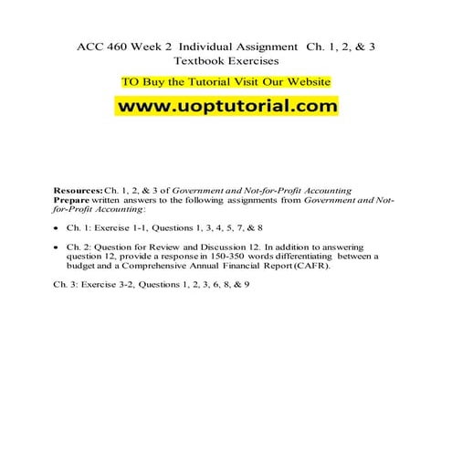 Acc 460 week 2 individual assignment ch. 1, 2, & 3 textbook exercises | DOCX