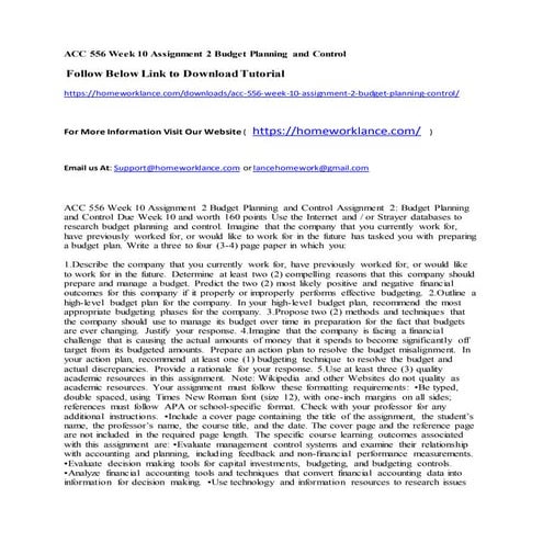 Acc 556 week 10 assignment 2 budget planning and control | PDF