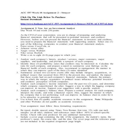 Acc 557 assignment 2 – strayer week 10 | DOCX