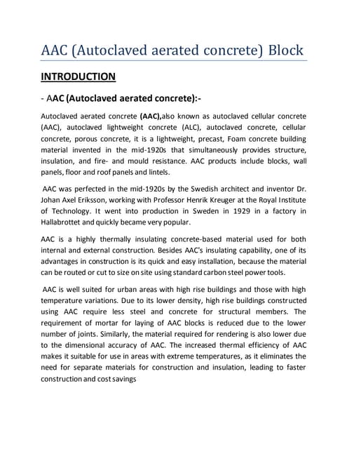 Autoclaved Aerated Concrete Bricks (AAC) Seminar Report. | DOCX