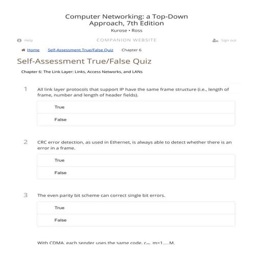 Self assessment true-false Quiz: Chapter 6 - Computer Networking a top-down Approach 7th | PDF