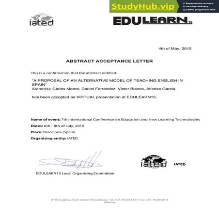 Acceptance Letter EDULEARN15 Paper Id 43682 | PDF