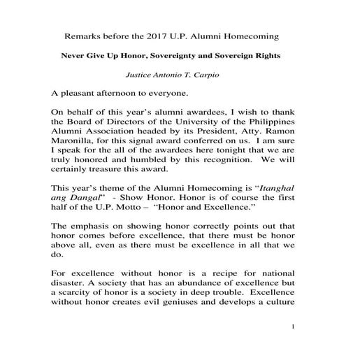 Remarks before the 2017 U.P. Alumni Homecoming Never Give Up Honor ...