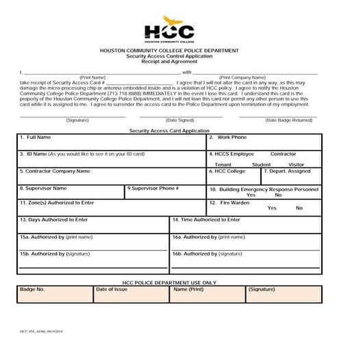 HCC Police Security Access Form | PDF
