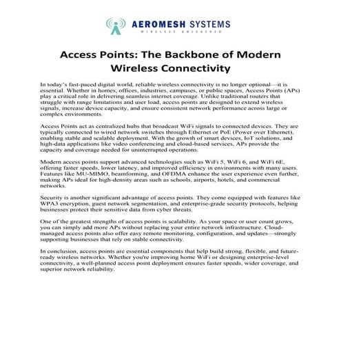 Access Points: The Backbone of Modern Wireless Connectivity | PDF