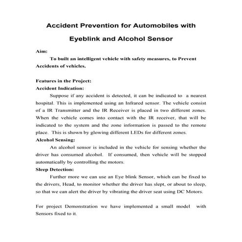 Accident prevention for automobiles with eyeblink and alcohol sensor | DOC | Operating Systems ...