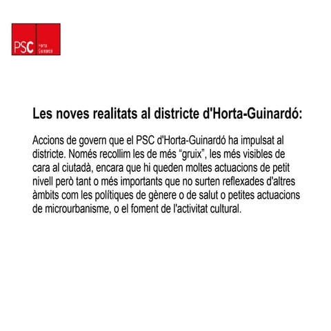 Accions de govern del PSC d'Horta-Guinardó | PPT