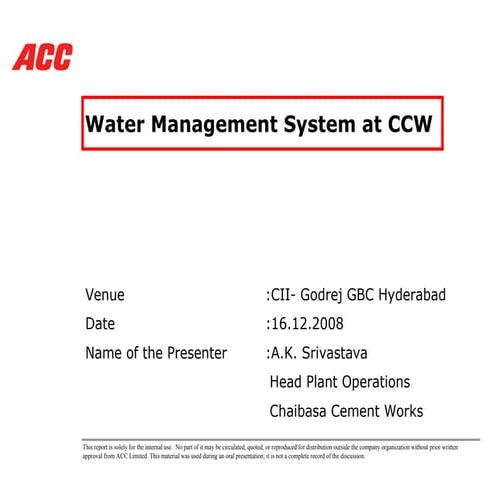 Water Management System at Chaibasa Cement Works presented by A.K ...