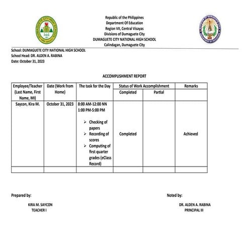 Accomplishment-report October Seminar Division of Dumaguete | DOCX