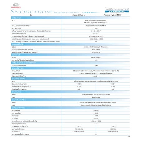 Honda Accord Hybrid Specifications | PDF