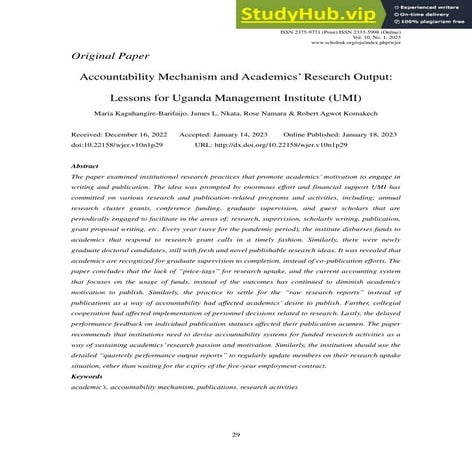 Accountability Mechanism And Academics Research Output Lessons For Uganda Management Institute ...