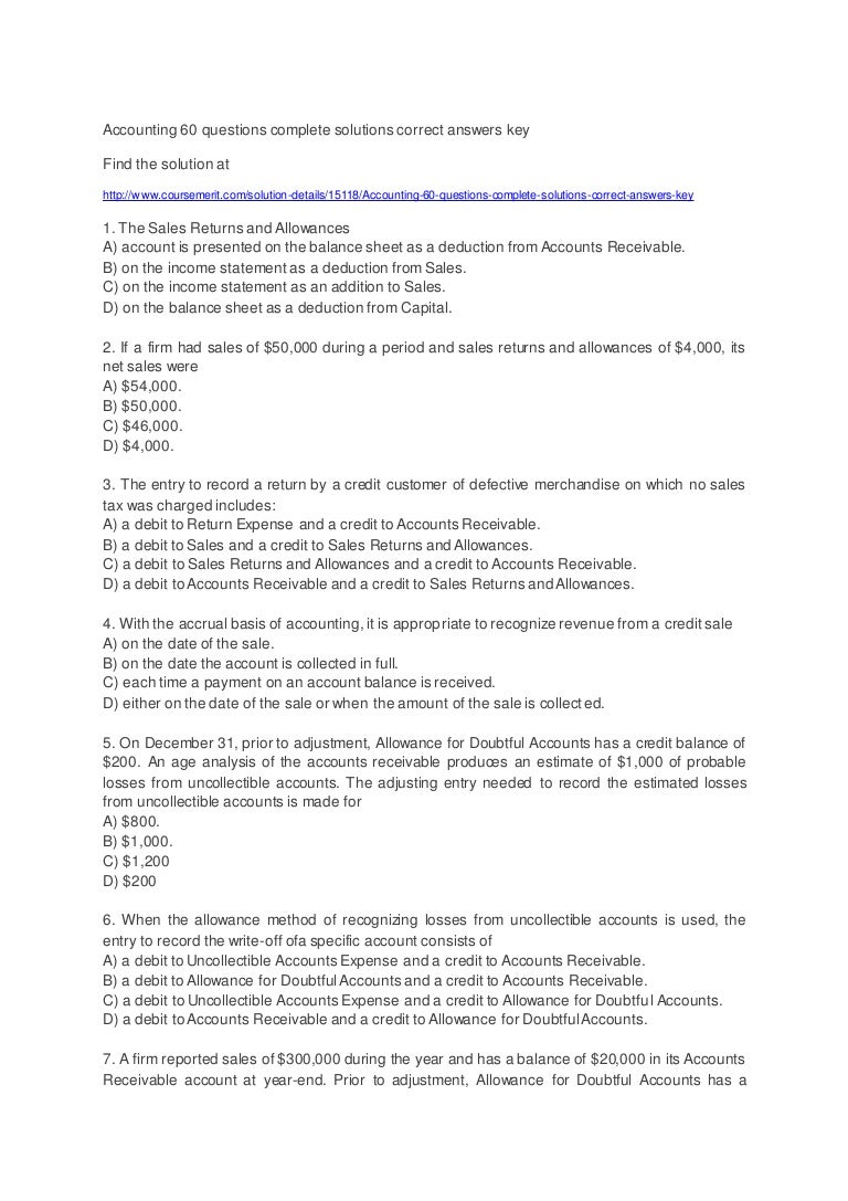 Accounting 60 questions complete solutions correct answers key