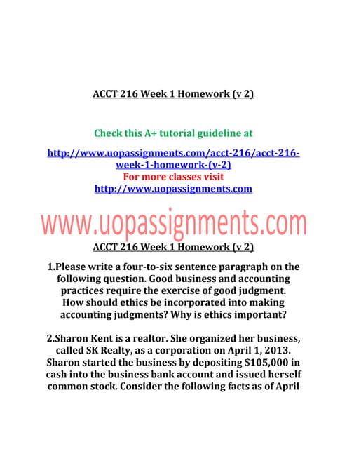 Acct 216 week 1 homework | DOC