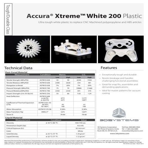 Accura Xtreme White 200 material properties (EN) | PDF