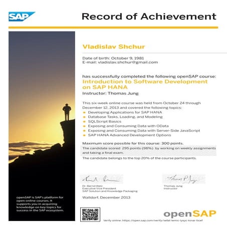 Next Steps in Software Development on SAP HANA-RecordOfAchievement | PDF