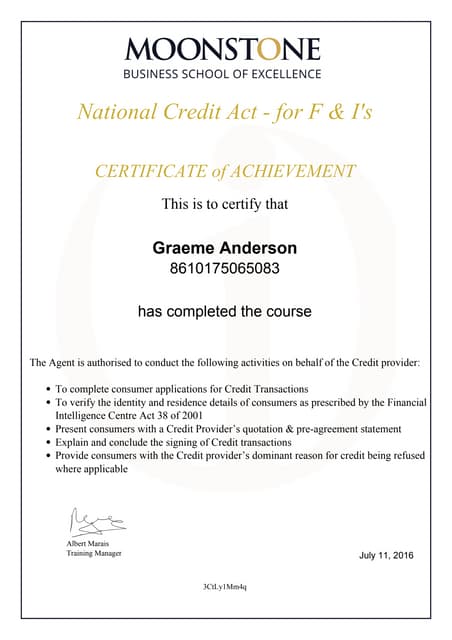 FAIS RE Exam Certificate