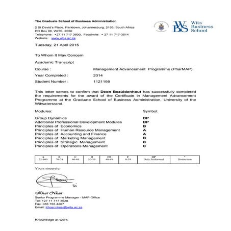 Result Letter for Deon Bezuidenhout | PDF