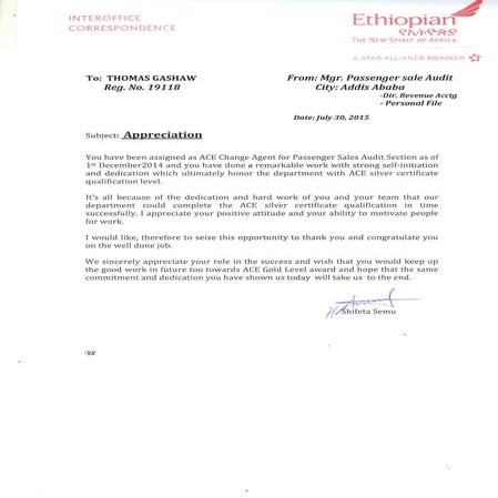 Ace appreciation letter | PDF