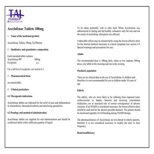 Aceclofenac Tablets 100mg Taj Pharma PIL | PDF