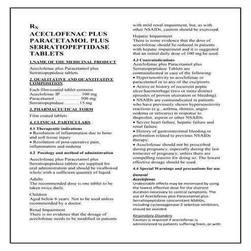 Aceclofenac plus paracetamol plus serratiopeptidase tablets smpc taj ...