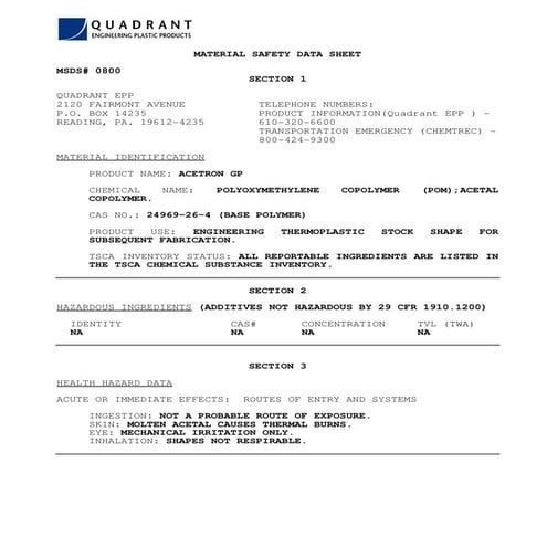 Acetal Sheet Material Safety Sheet www.emcoplastics.com