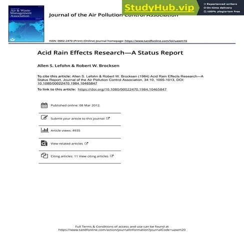 Acid Rain Effects Research A Status Report | PDF