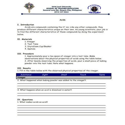 Acids Experiment Work Sheet | DOCX