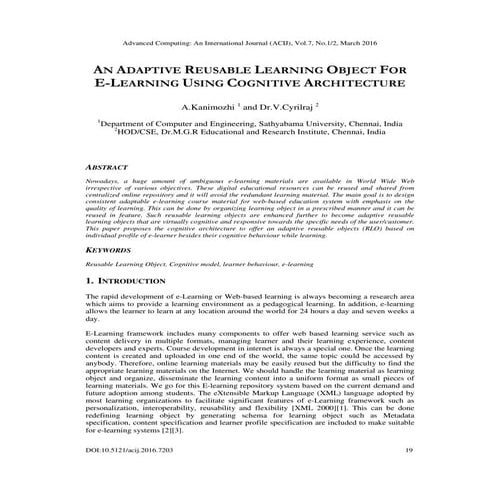 AN ADAPTIVE REUSABLE LEARNING OBJECT FOR E-LEARNING USING COGNITIVE ARCHITECTURE | PDF | Web ...