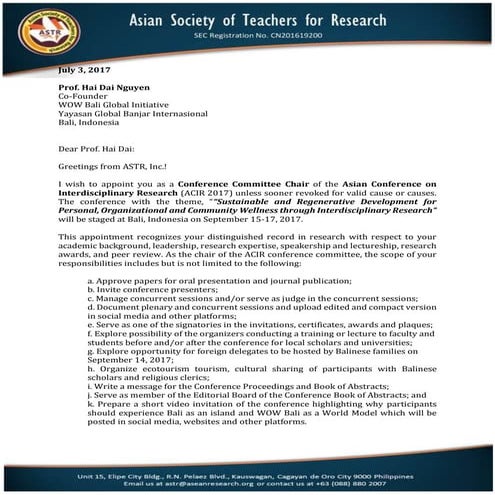 WOW Appointed Chair of ACIR 2017 | PDF