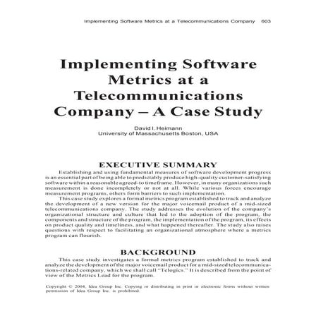 Implementing Software Metrics at a Telecommunications Company -- A Case Study | PDF