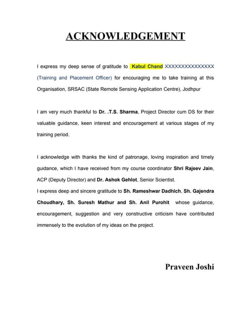 Sample Acknowledgement Of Project Report Docx