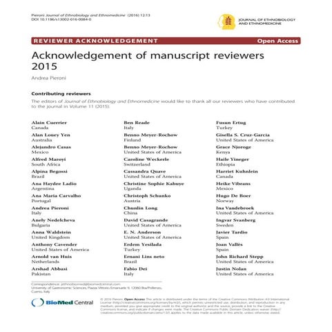 Acknowledgement of manuscript reviewers 2015- Journal of Ethnobiology ...