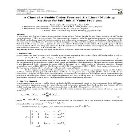 A class of a stable order four and six linear multistep methods for stiff initial value problems ...