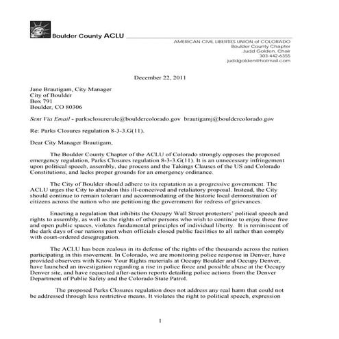 ACLU Letter on Park Closure | PDF