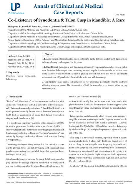 Co Existence Of Synodontia And Talon Cusp In Mandible A Rare Case Pdf