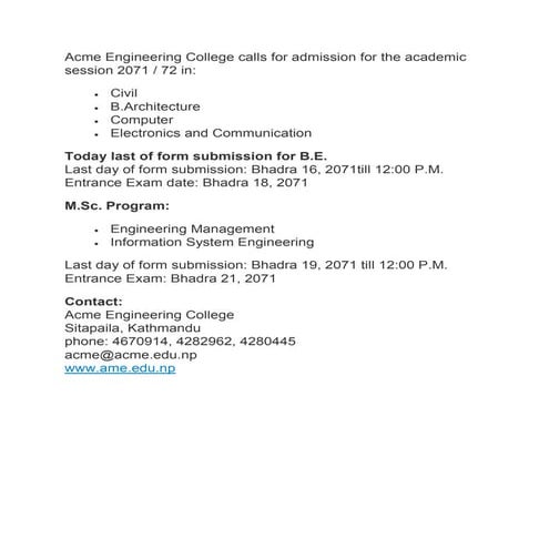 Acme Engineering College announces admissions open for various courses ...