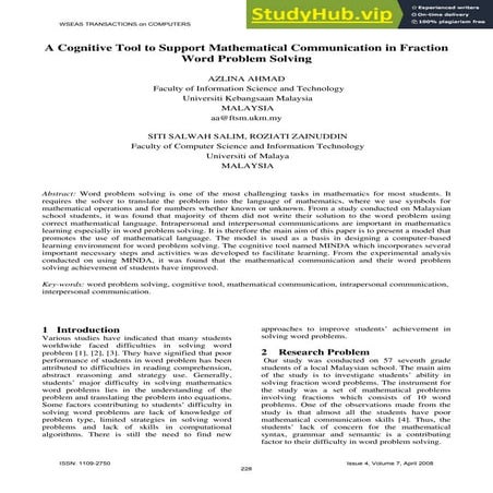 A Cognitive Tool To Support Mathematical Communication In Fraction Word Problem Solving | PDF