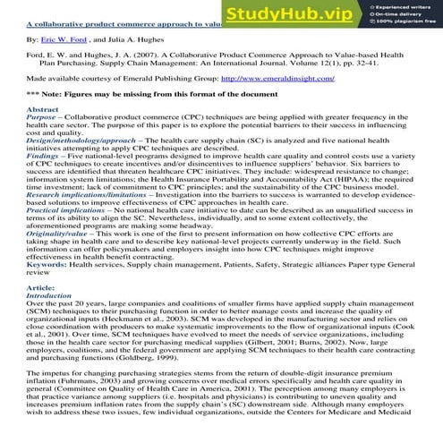 A Collaborative Product Commerce Approach To Value Based Health Plan Purchasing | PDF