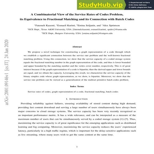 A Combinatorial View Of The Service Rates Of Codes Problem, Its ...