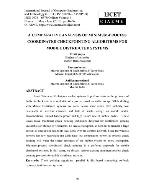 A Comparative Analysis Of Minimum Process Coordinated Checkpointing Algorithms For Mobile