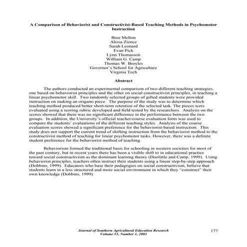 A comparison of behaviorist and constructivist based teaching methods in psychomotor | PDF