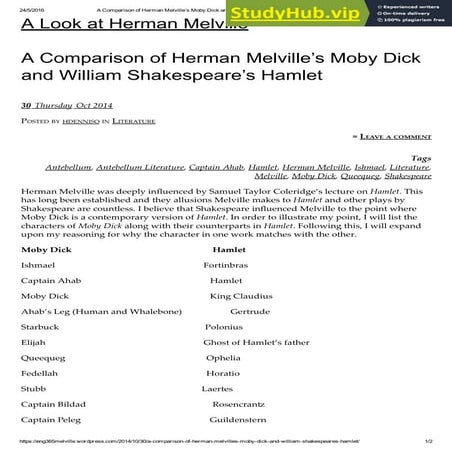 A Comparison Of Herman Melvilles Moby Dick And William Shakespeares ...