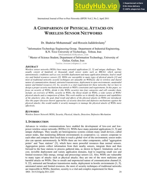 A Comparison Of Physical Attacks On Wireless Sensor Networks Pdf